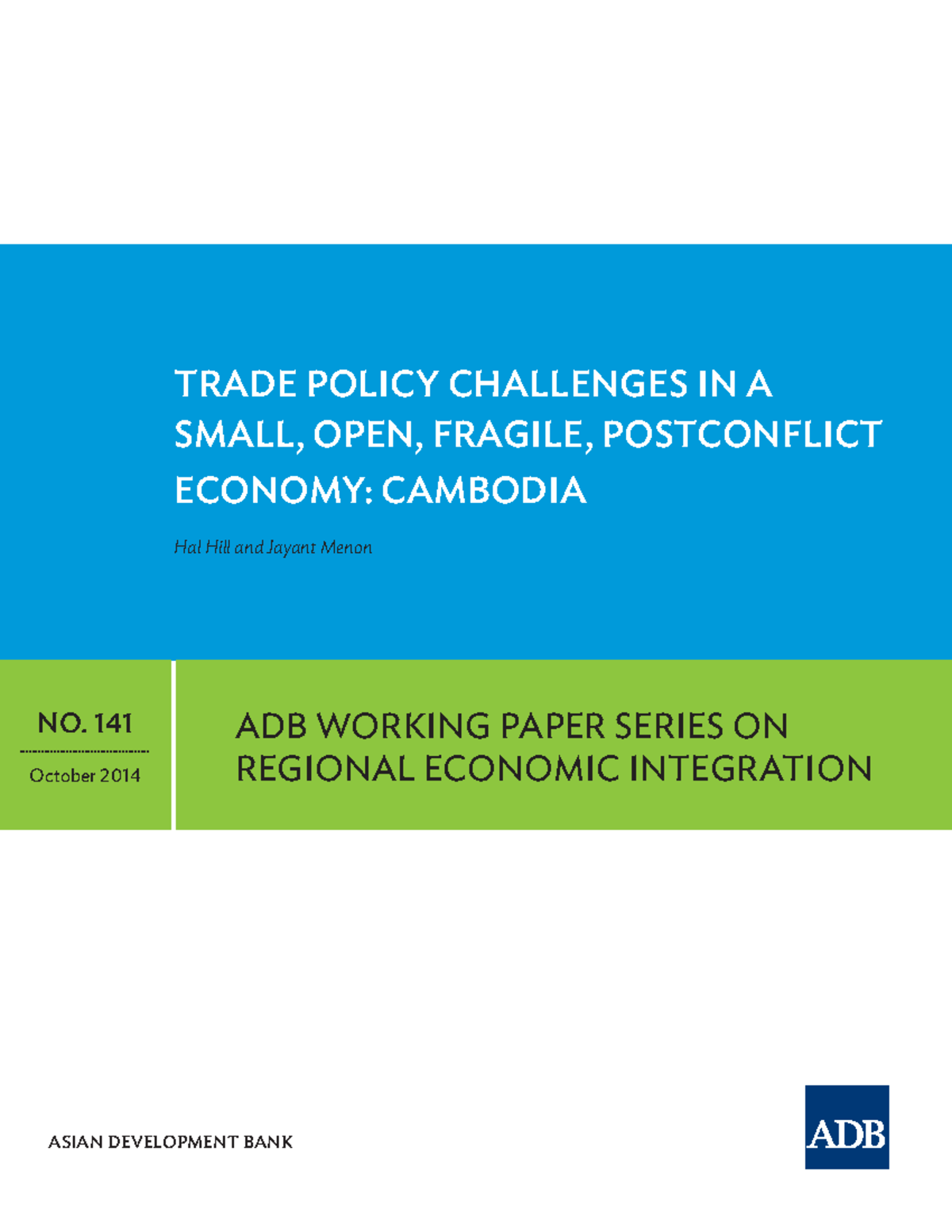 WP141 ADB Working Paper on Trade Policy Challenges in Cambodia - Studocu