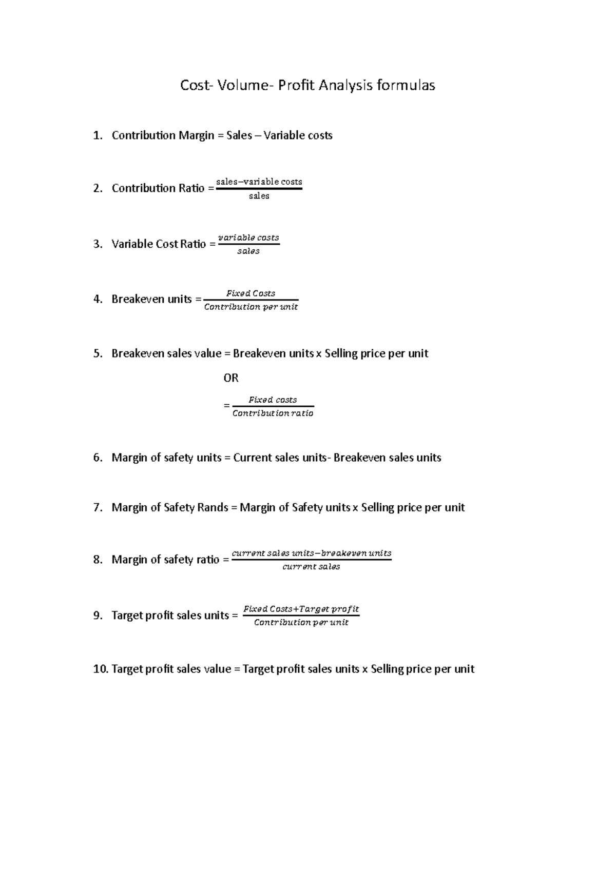 CVP Formulas for Profit Analysis: Key Calculations and Ratios - Studocu