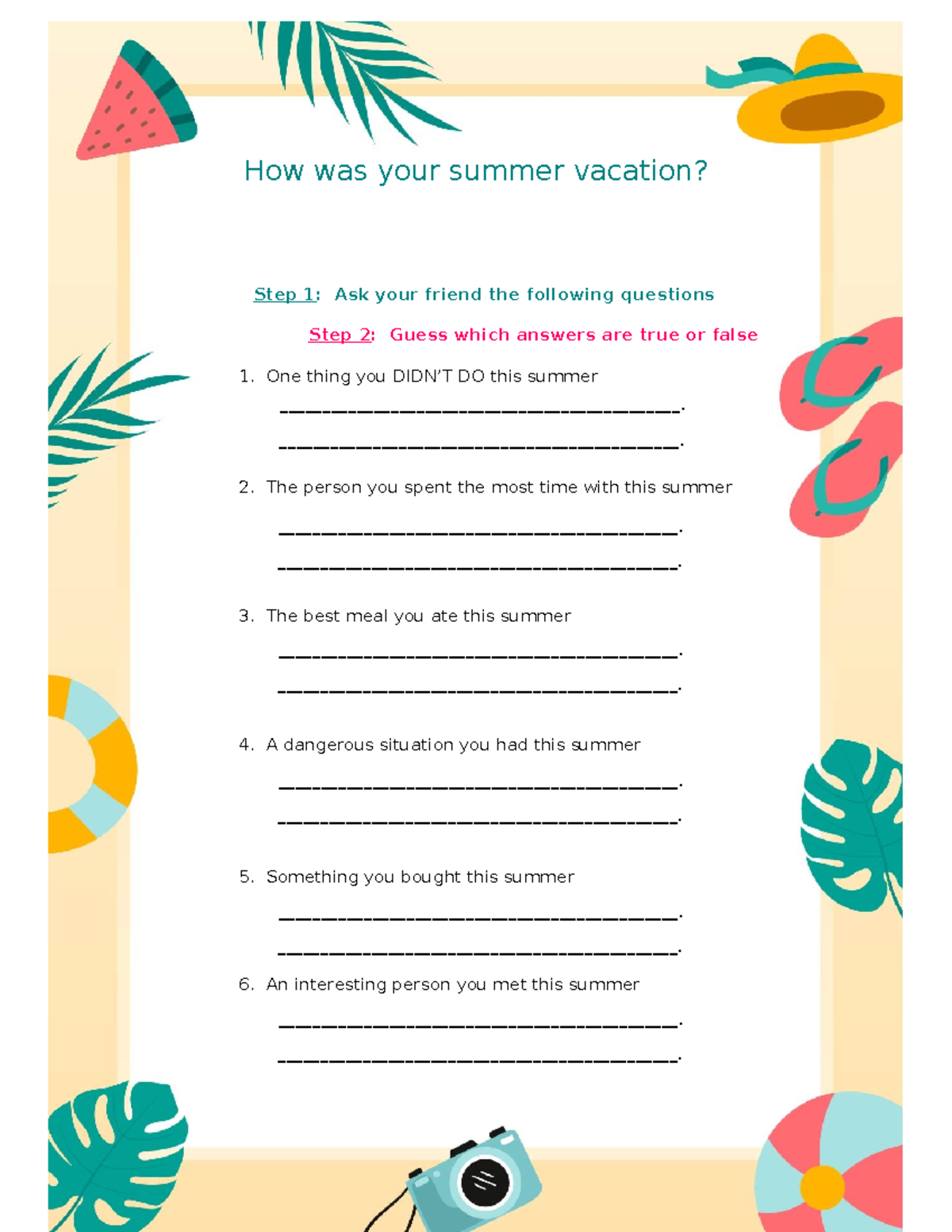 Summer Vacation Conversation Activity - Gr. 8 - Studocu