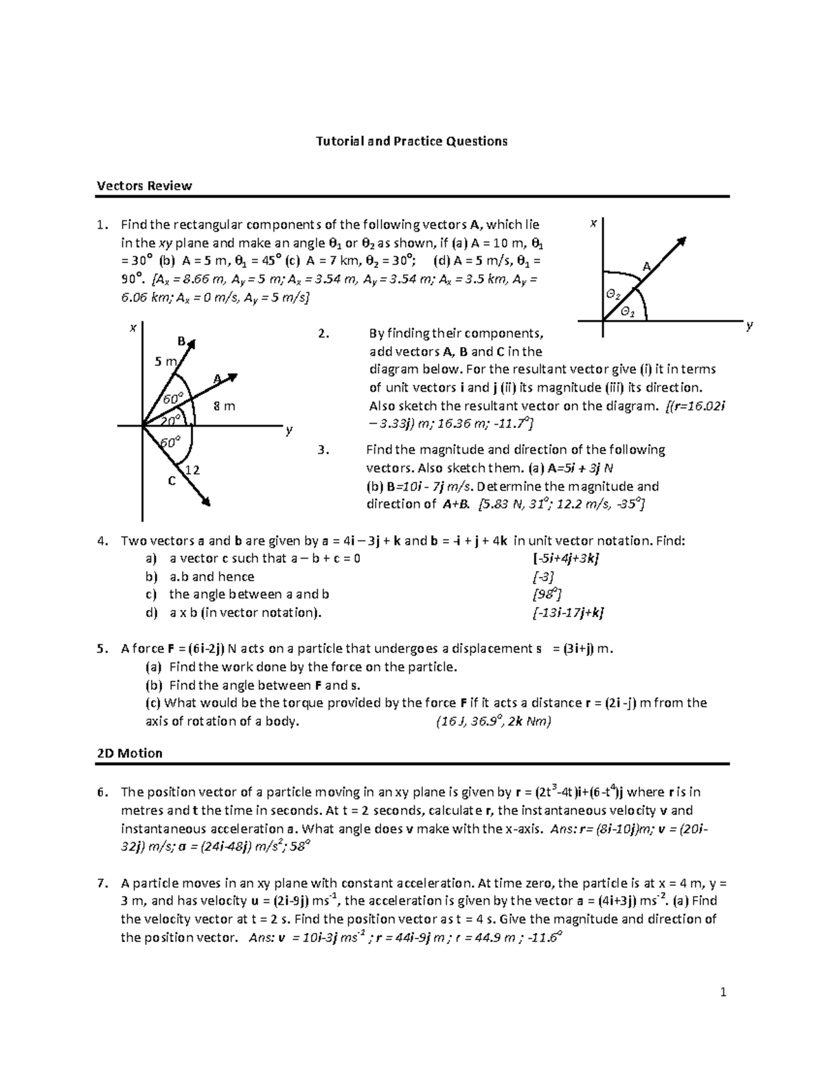 PHYS1411 Tutorial: Vectors Review and Practice Questions - Studocu