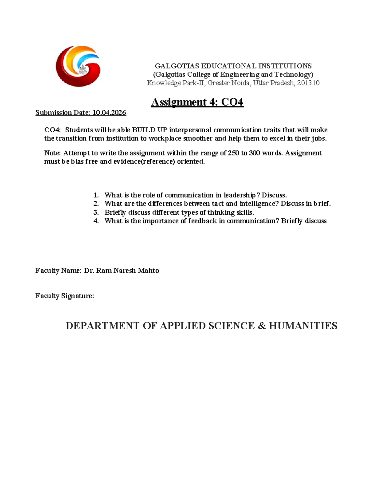 Assignment 4: CO4 - Interpersonal Communication Skills for Workplace ...