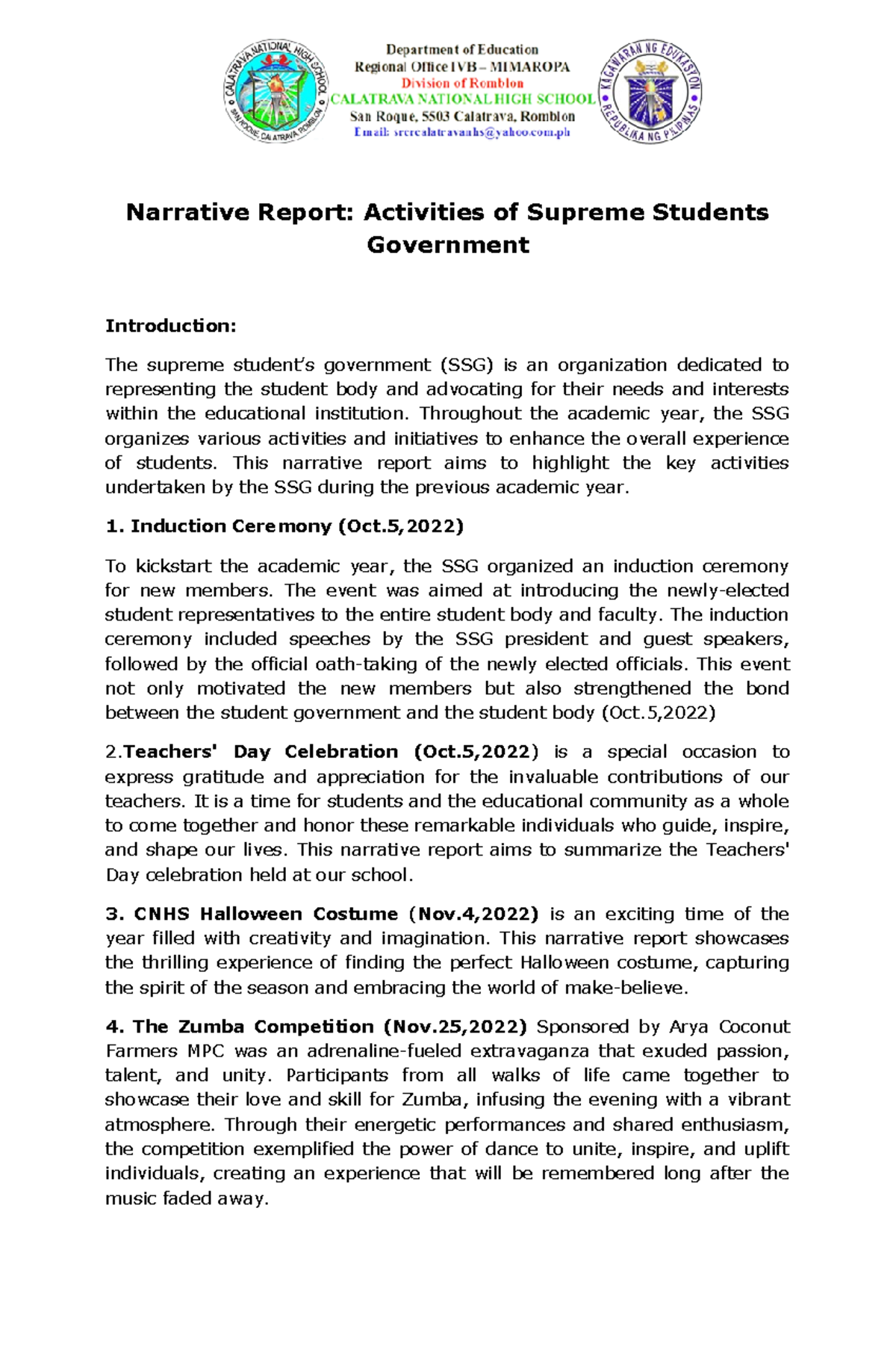 Narrative Report on SSG Activities 2022-2023 - SSG 2022-2023 - Studocu