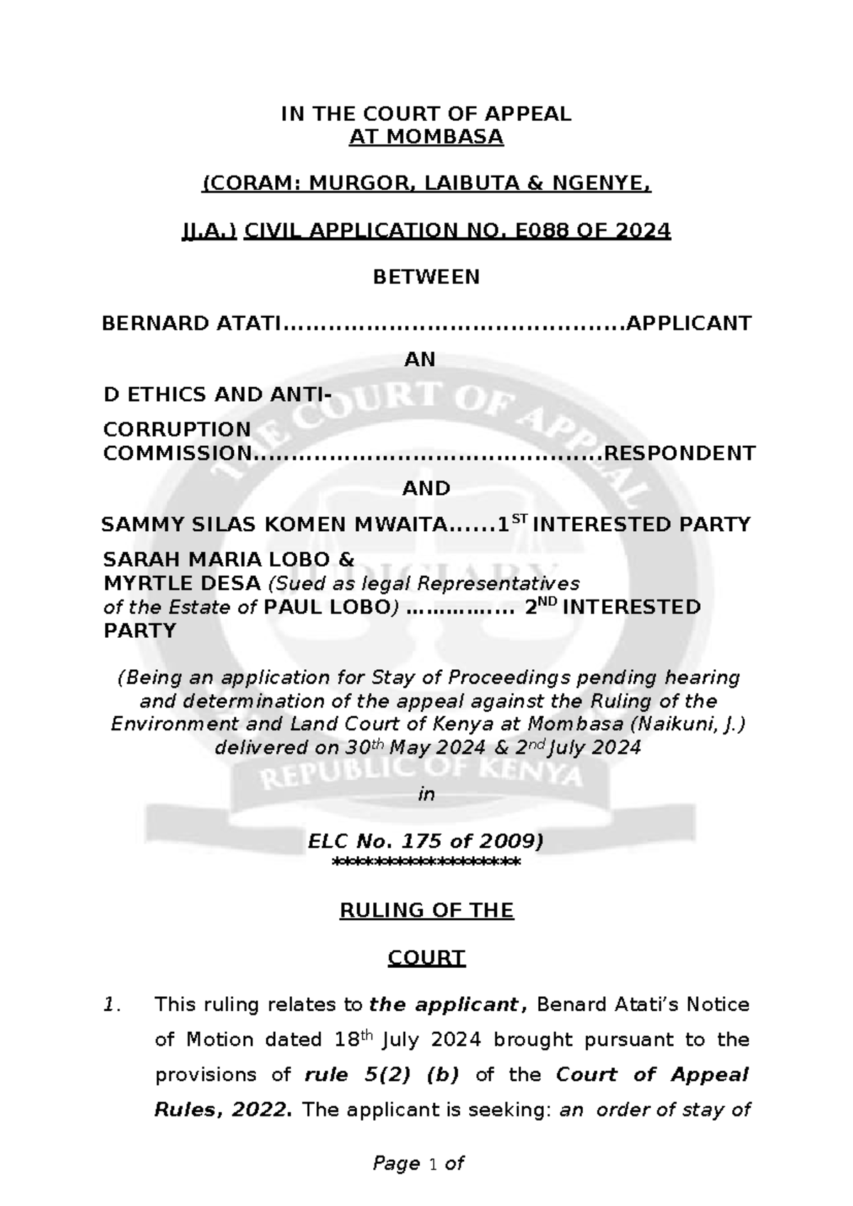 Atati v Ethics & Anti-Corruption Commission (Civil App. E088/2024) Ruling - Studocu