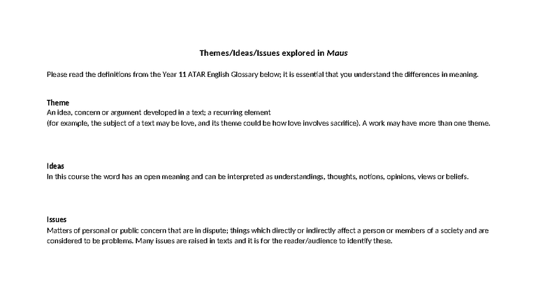 Year 11 ATAR English: Themes, Ideas, and Issues in MAUS - Studocu