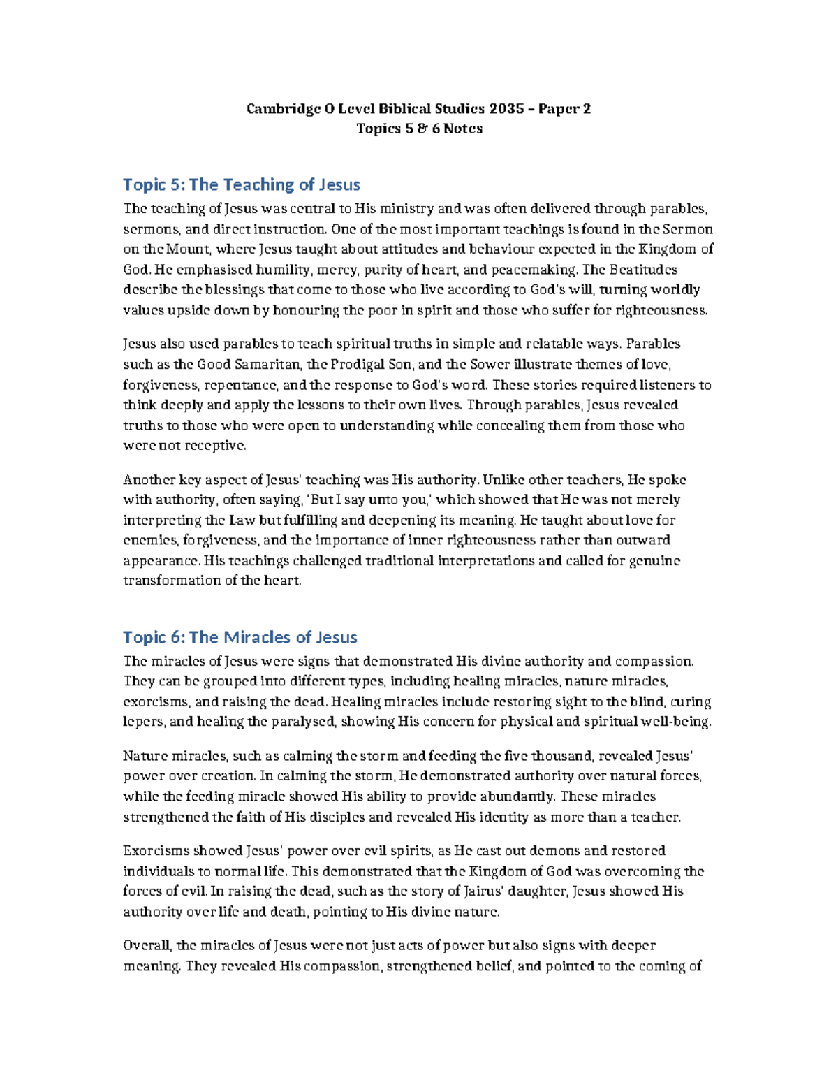 Biblical Studies 2035 Paper 2: Notes on Jesus' Teachings & Miracles ...