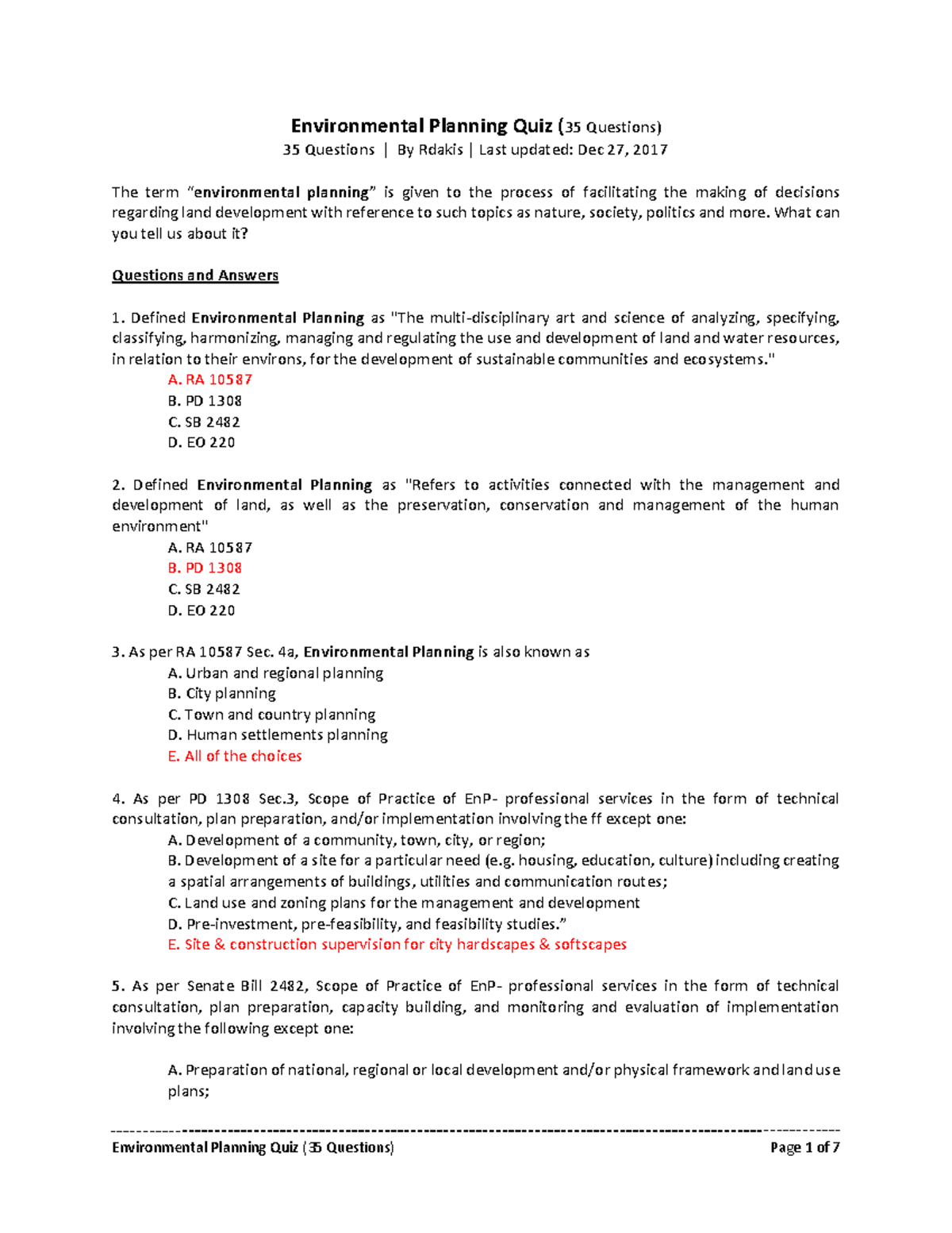 Environmental Planning Quiz (35 Qs) - Test Your Knowledge! - Studocu