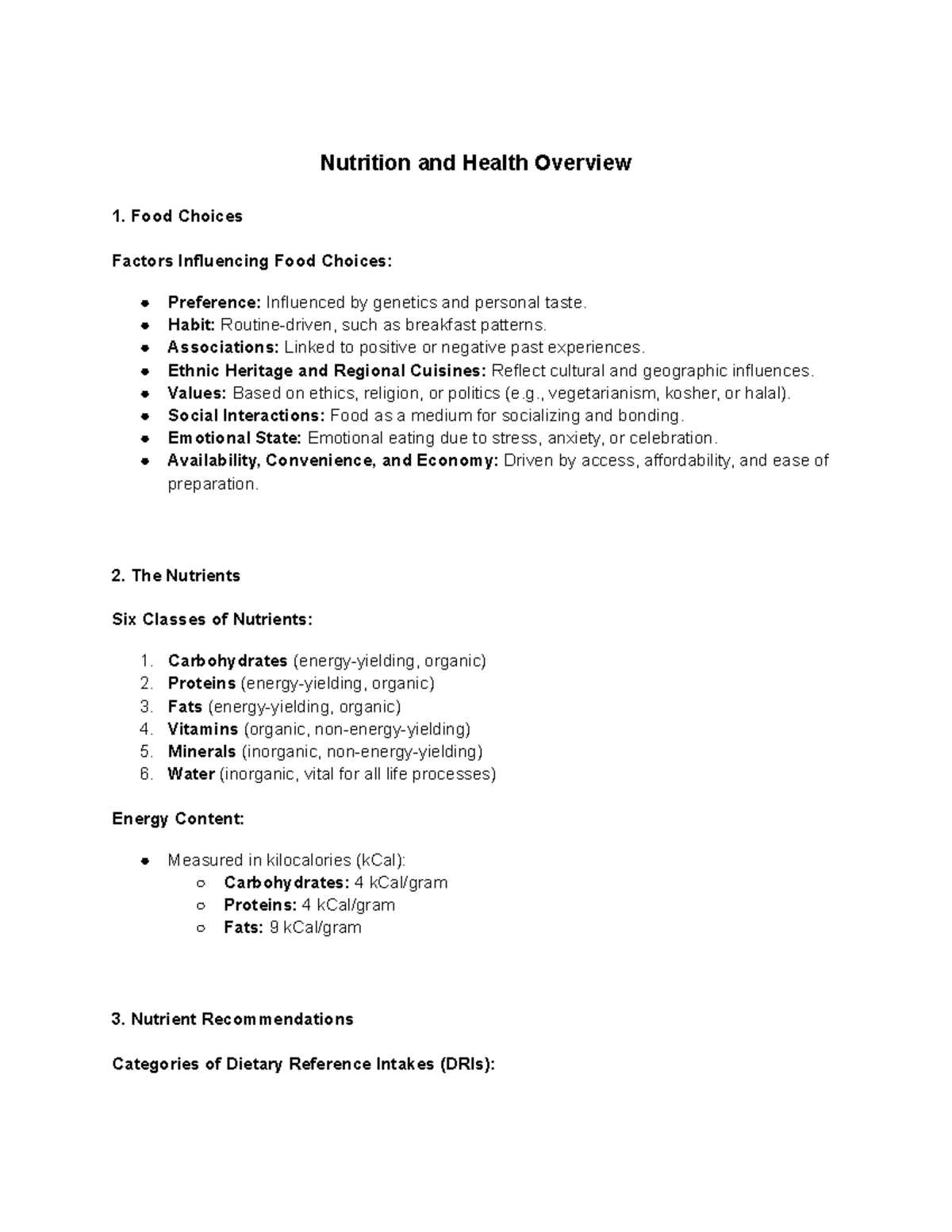 Nutrition Reviewer - notes - Nutrition and Health Overview Food Choices ...