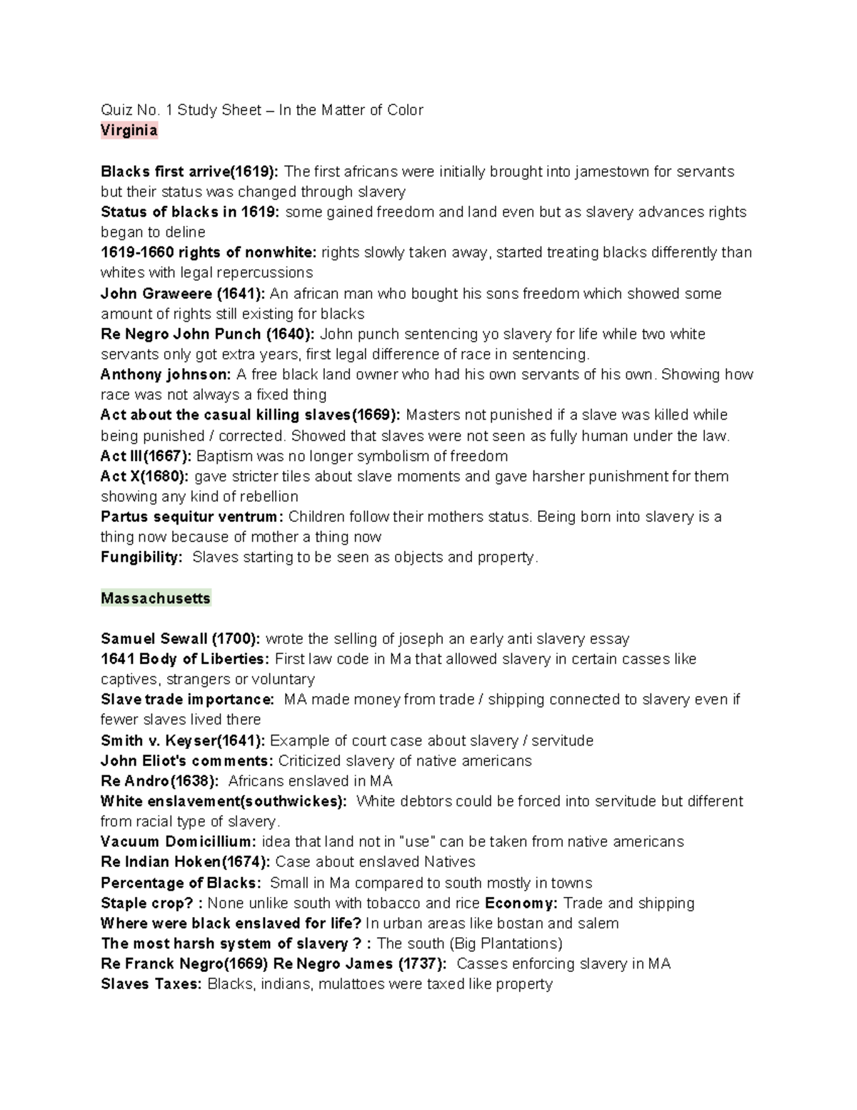 Quiz 1 Study Sheet: Historical Perspectives on Slavery and Race - Studocu