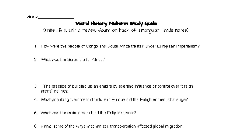World History Midterm Study Guide (Units 1 & 3) - Studocu