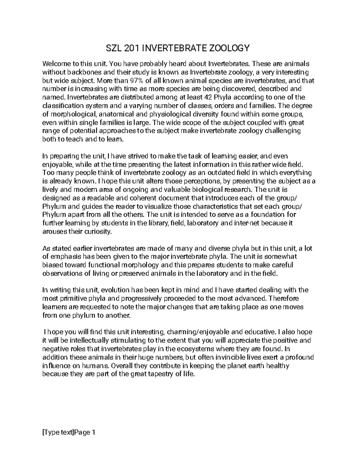 E-Module SZL 201: Invertebrate Zoology Study Notes - Studocu