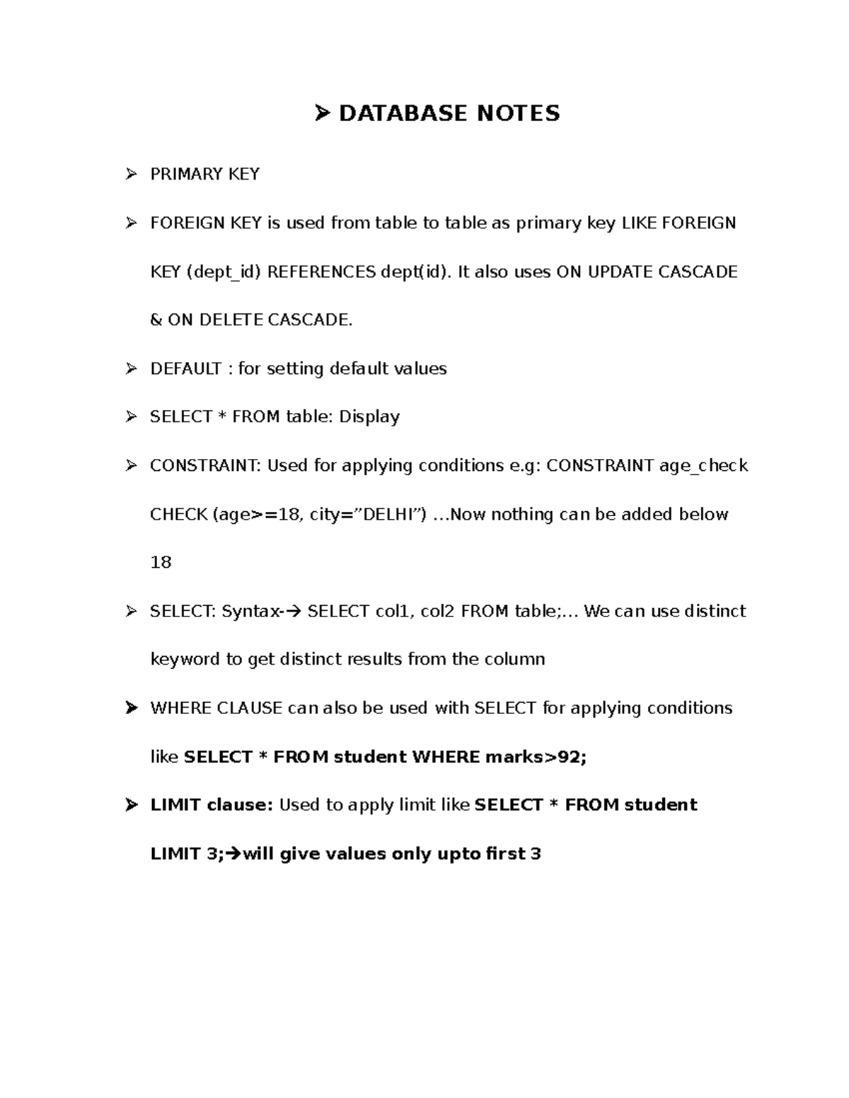 Database Notes - Key Concepts on Primary & Foreign Keys - Studocu