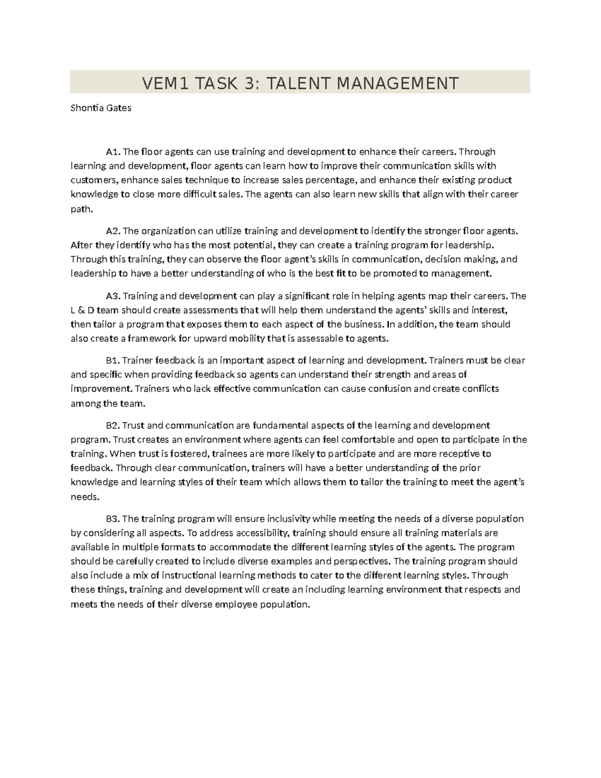 VEM1 Task 3: Talent Management Strategies for Floor Agents - Studocu