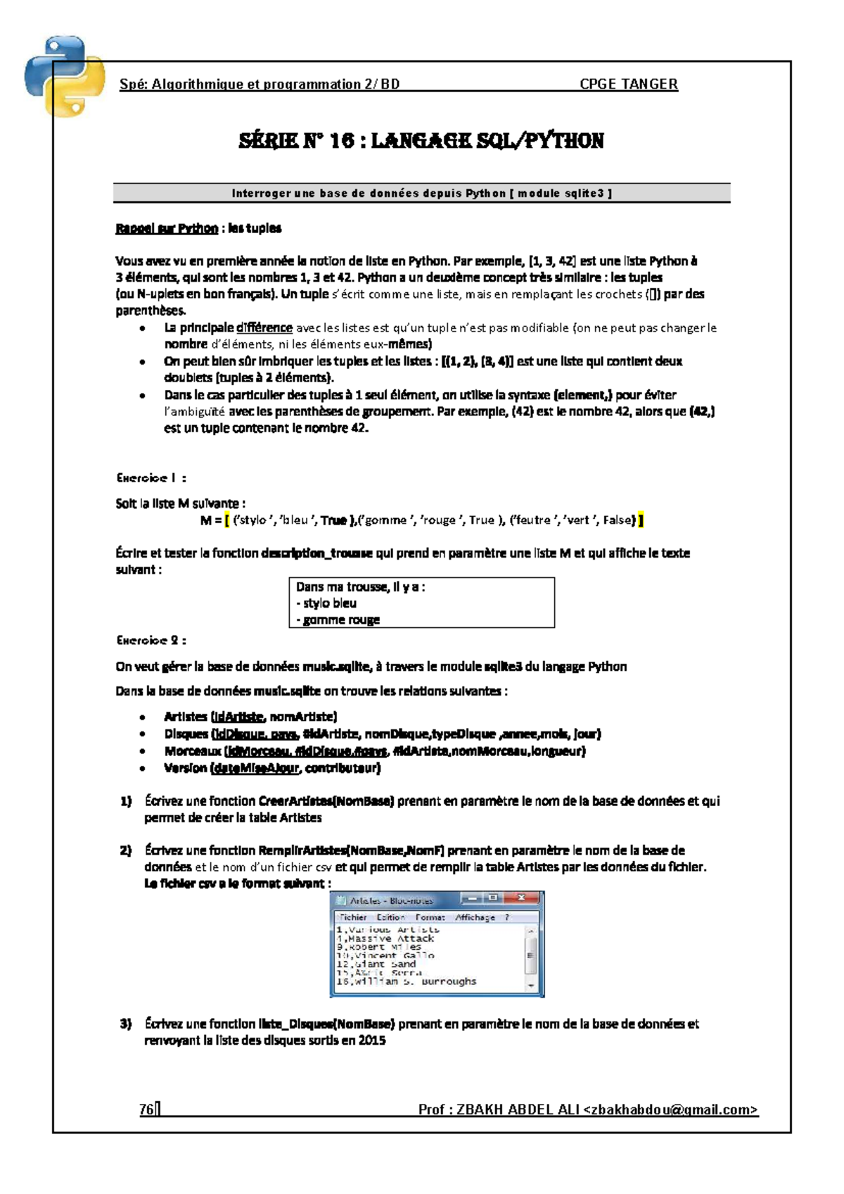 TD16 Python SQL Interrogation de Base de Données - Prof Zbakh - Studocu