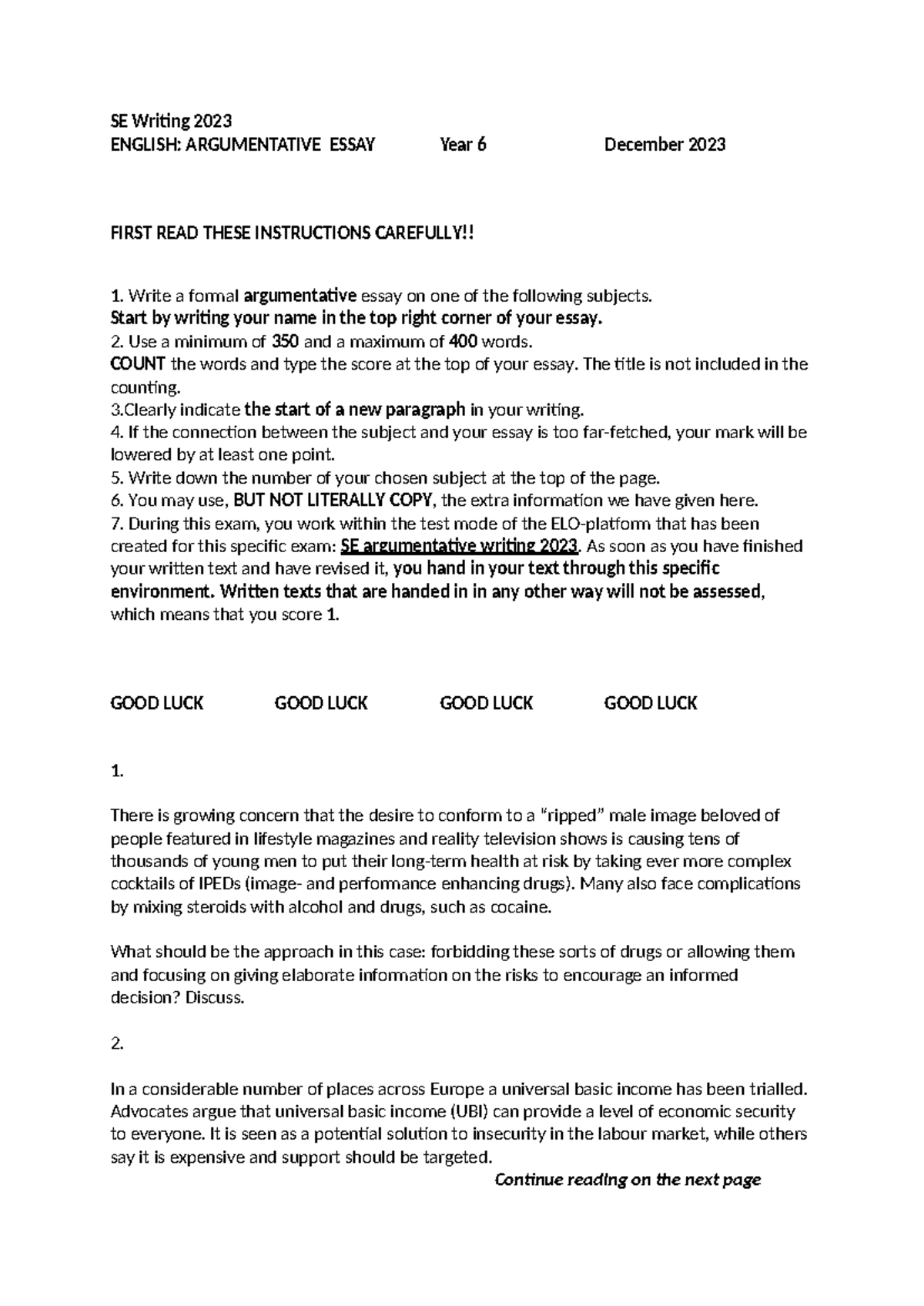 SE Writing 2023: Argumentative Essay Guidelines for Year 6 - Studeersnel