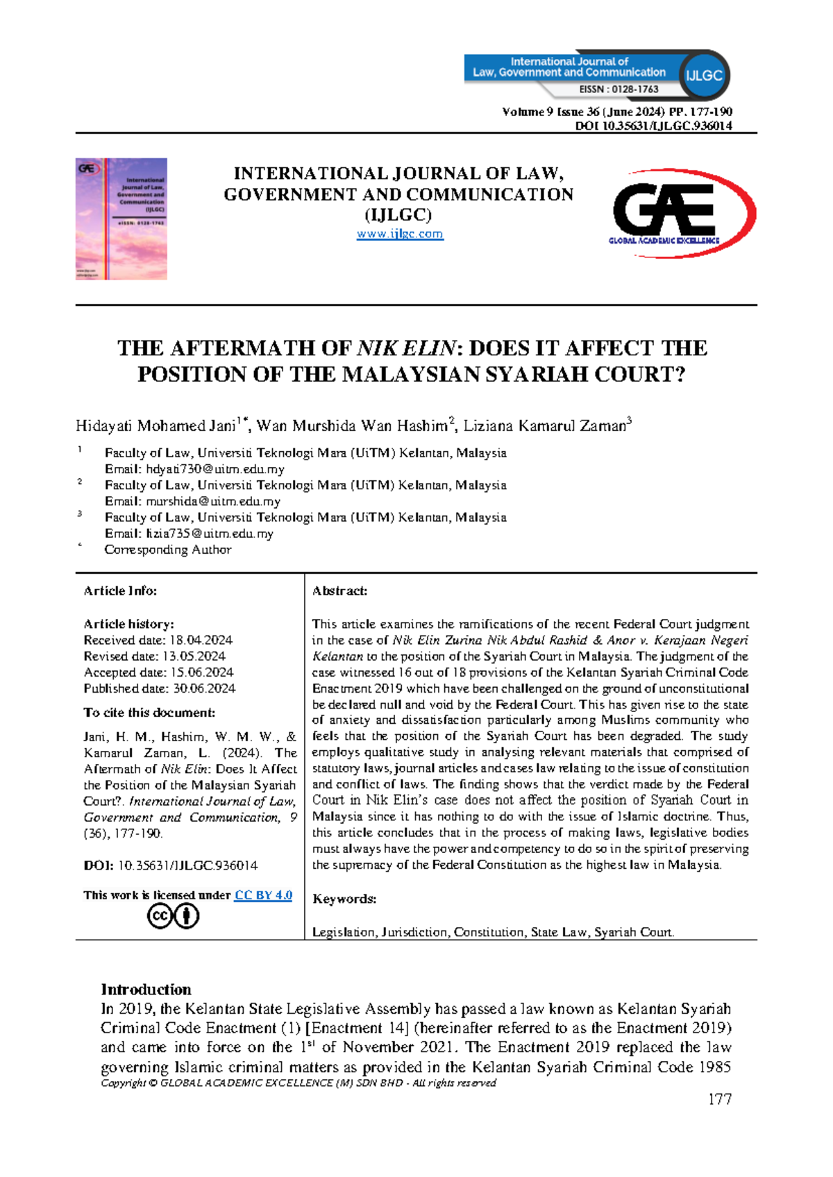 The Aftermath of Nik Elin: Impact on Malaysian Syariah Court IJLGC 4 ...