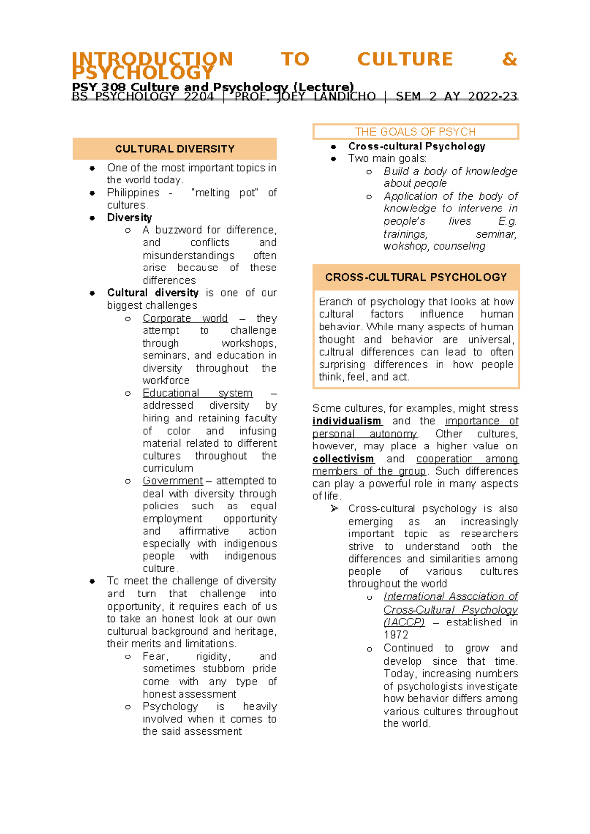 PSY 308 1 Culture and Psych Introduction - INTRODUCTION TO CULTURE ...