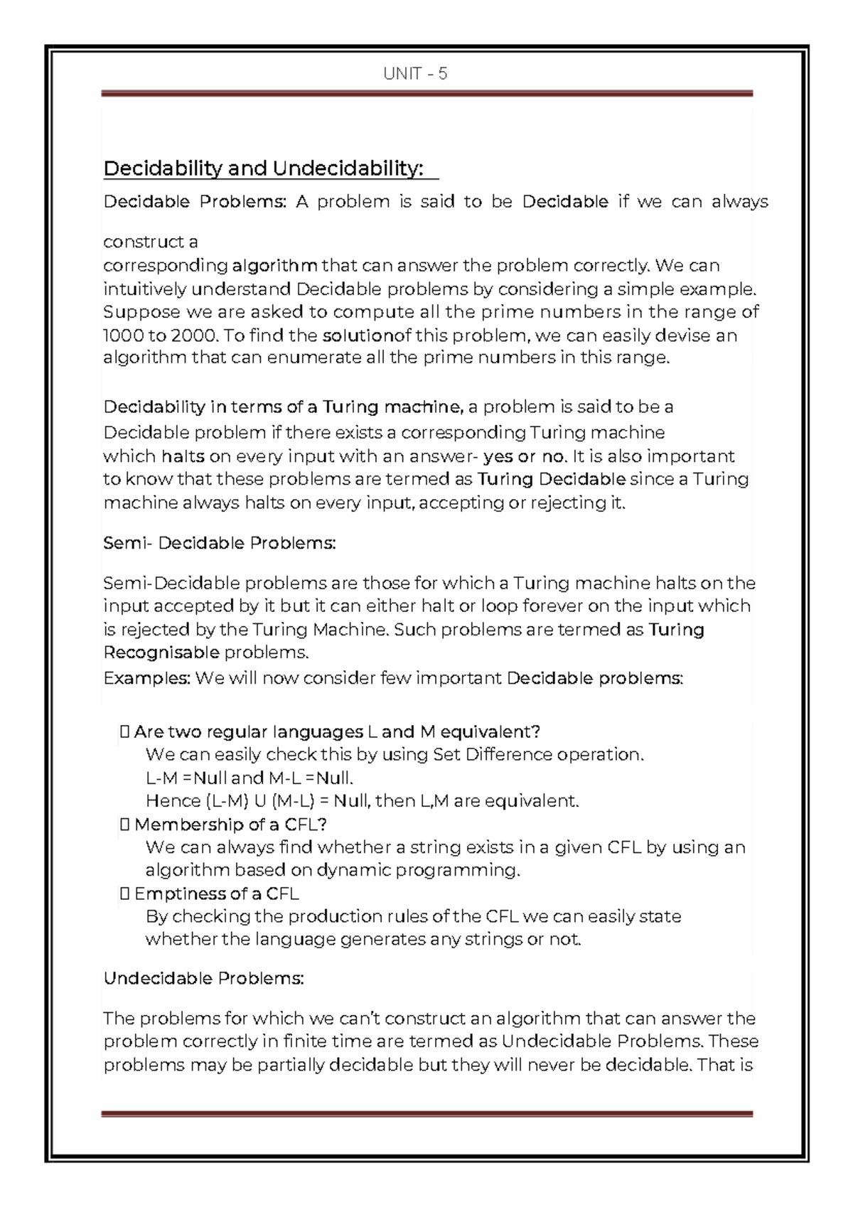 Unit 5: Decidability and Undecidability in CS3452 - TOC Syllabus - Studocu