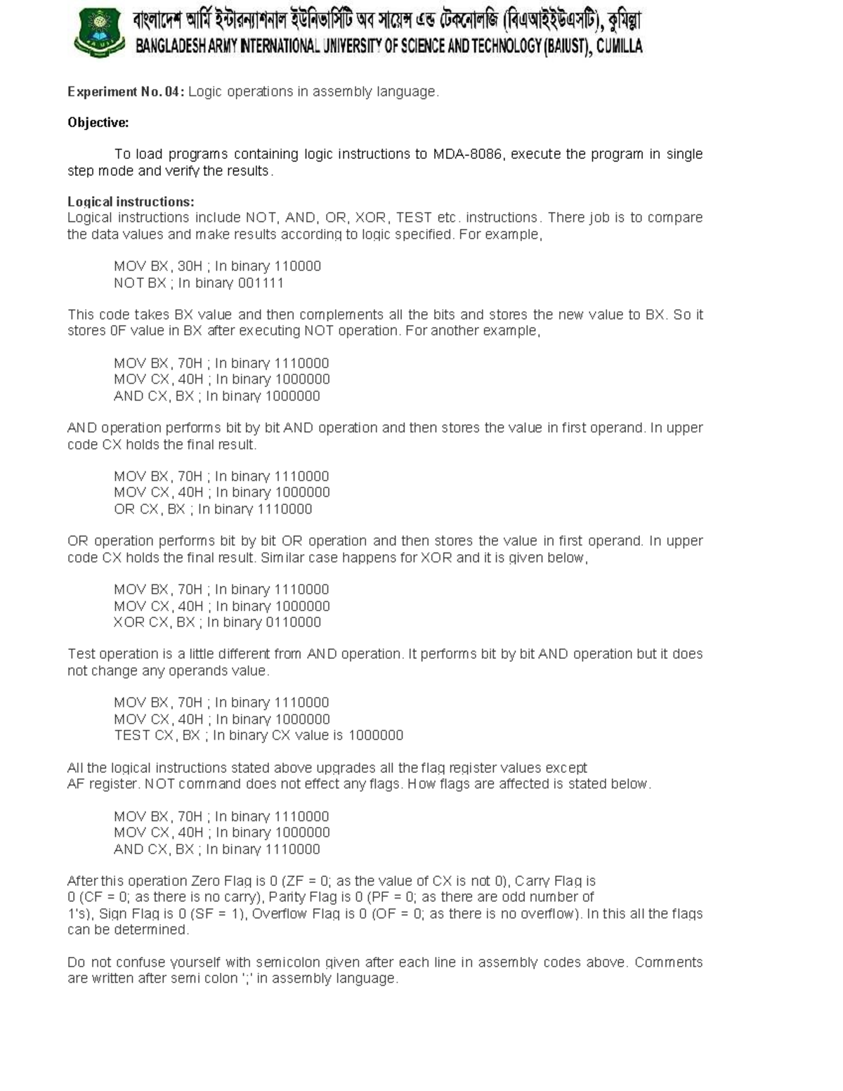 EEE 328 Lab Sheet: Logic Operations in Assembly Language - Studocu