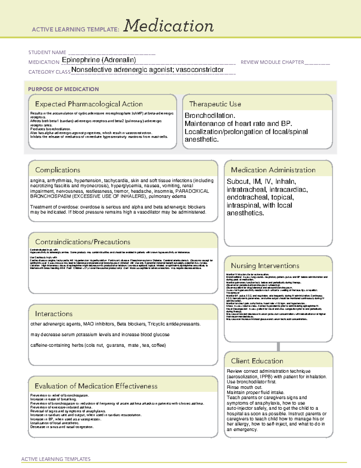 Epinephrine (adrenalin) - ACTIVE LEARNING TEMPLATES Medication STUDENT ...