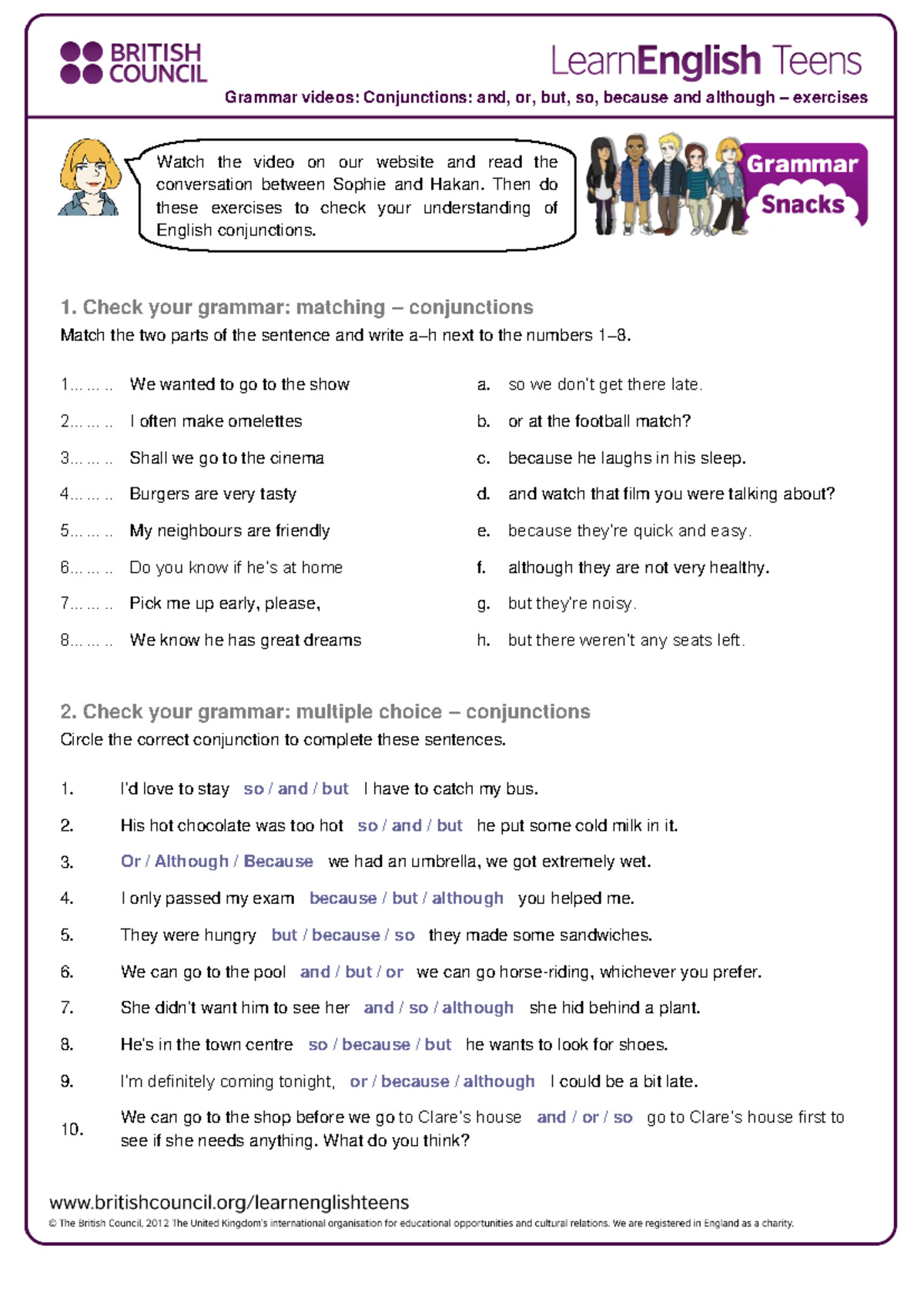 Gs Conjunctions - Exercises for Grammar Practice - Studocu