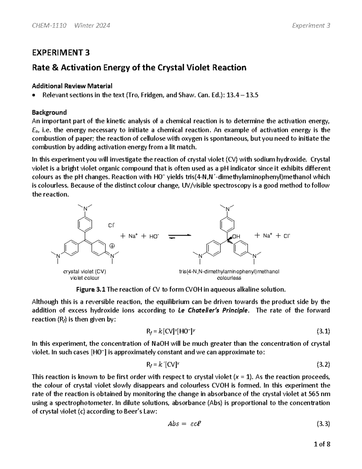 Exp. 3: Kinetics of Crystal Violet - Rate & Activation Energy Study ...