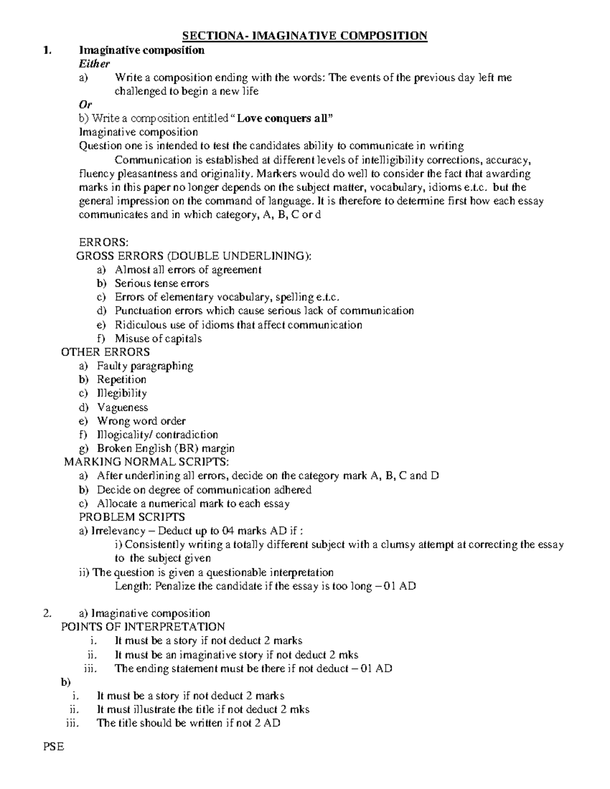 Imaginative Composition Guidelines and Marking Criteria (PSE) - Studocu