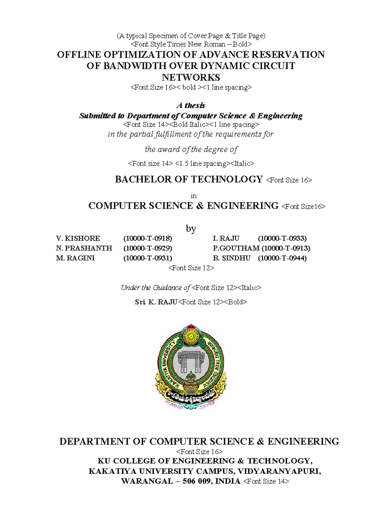 KUCE&T B. Tech. Thesis guidelines and Thesis Sample - (A typical Specimen of Cover Page & Title ...