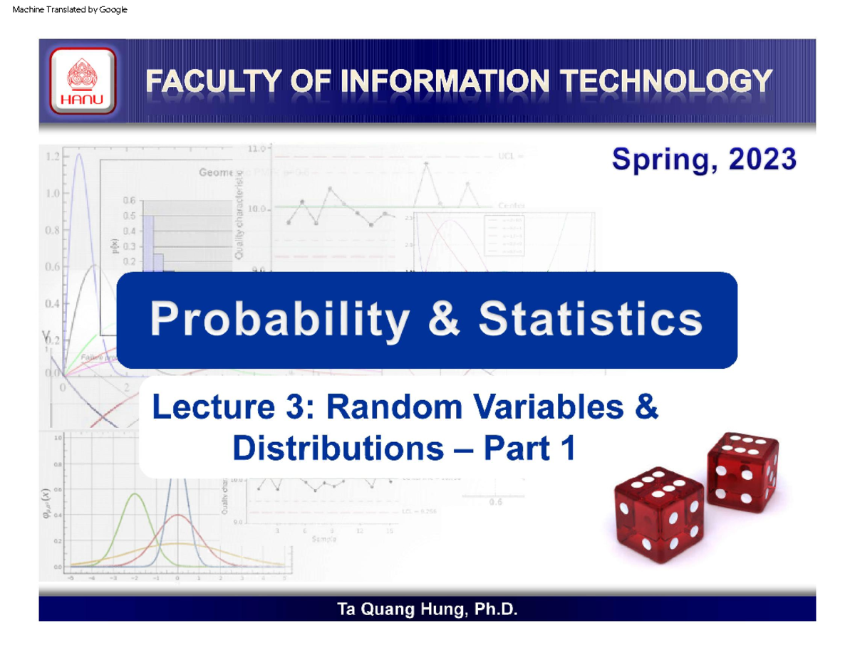 Lecture 3 Random Variable Distribution (Part 1) - Tạ Quang Hùng, Ph. ####### Bài giảng 3: Biến ...
