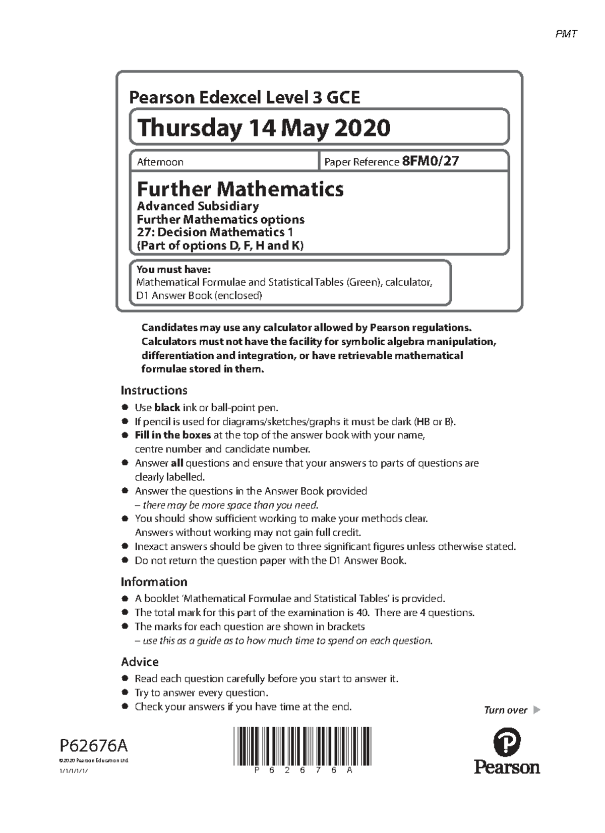 PMT D1 June 2020 Further Mathematics Exam Paper - Decision Mathematics ...
