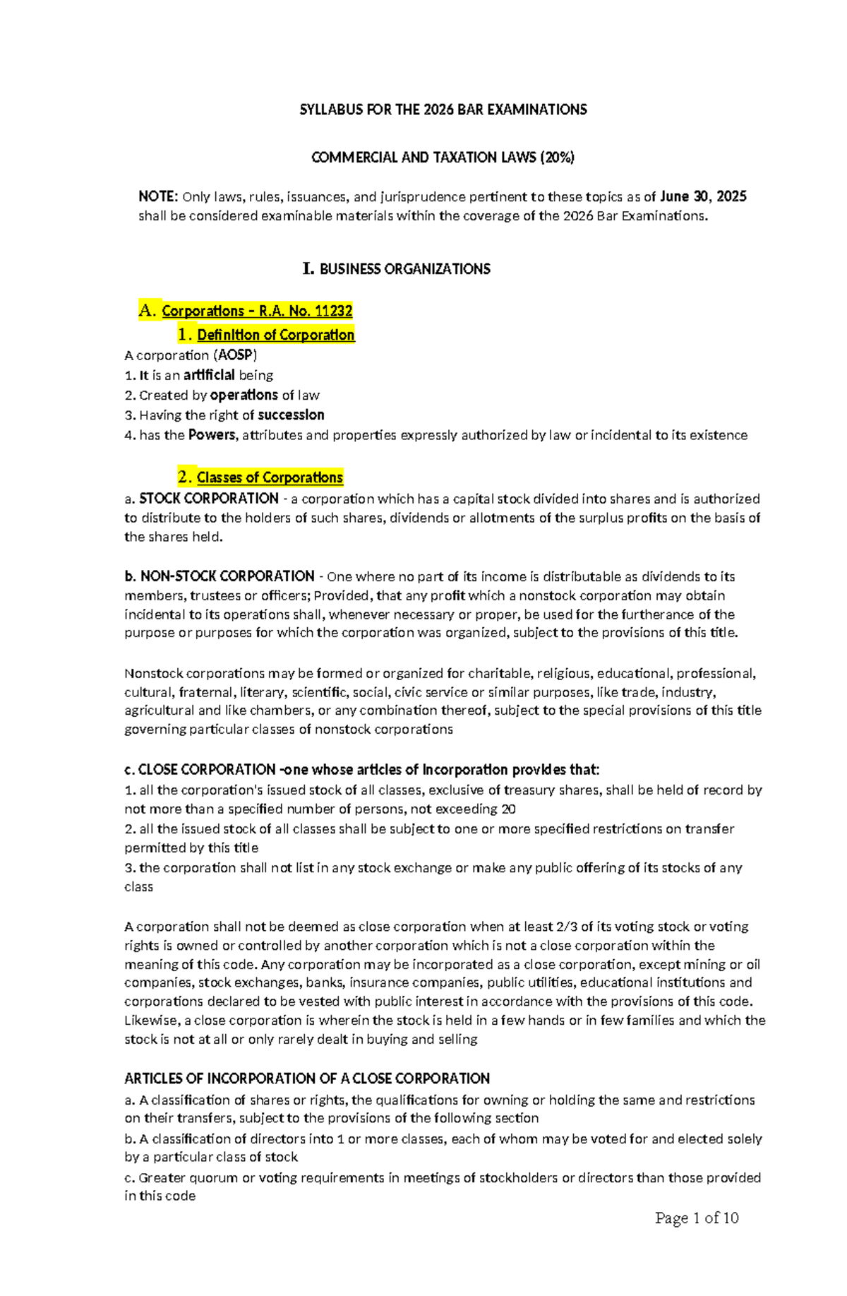 2026 BAR EXAM SYLLABUS: COMMERCIAL & TAXATION LAWS - Studocu