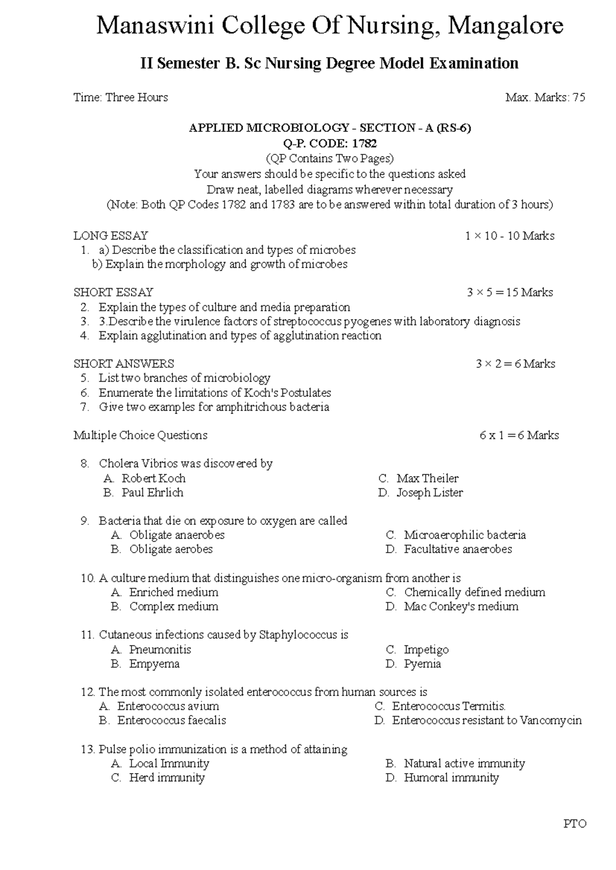 II Sem B. Sc Nursing Model Exam: Microbiology & Infection Control ...