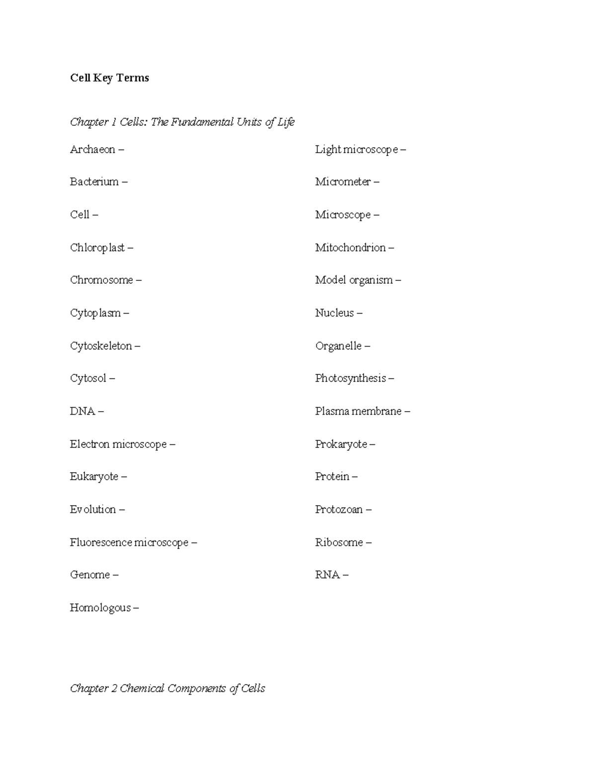 Cell Biology Key Terms: Comprehensive Vocabulary Guide for Chapters 1 ...