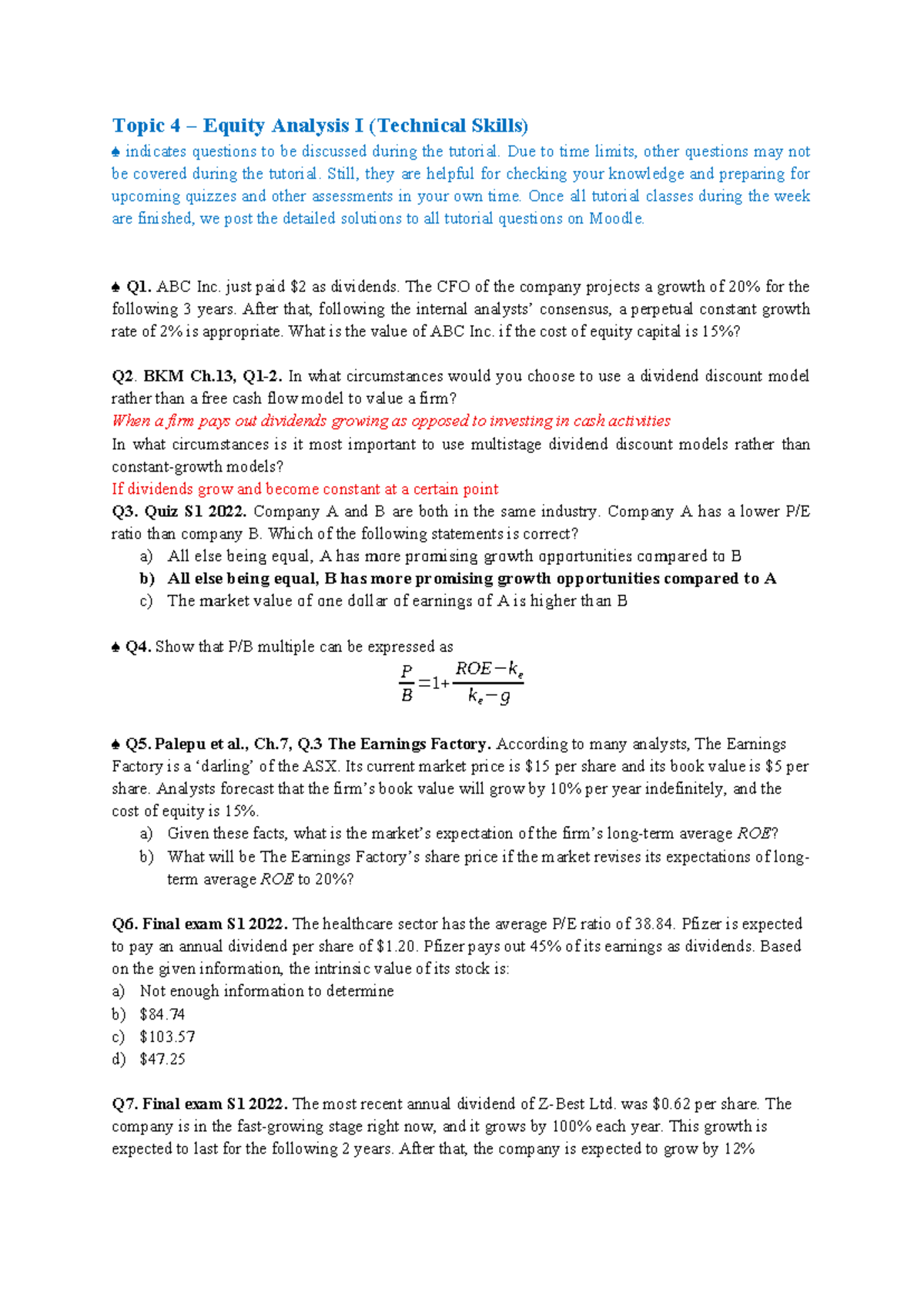 Tute 4 Equity Analysis I - Tutorial Questions & Solutions - Studocu
