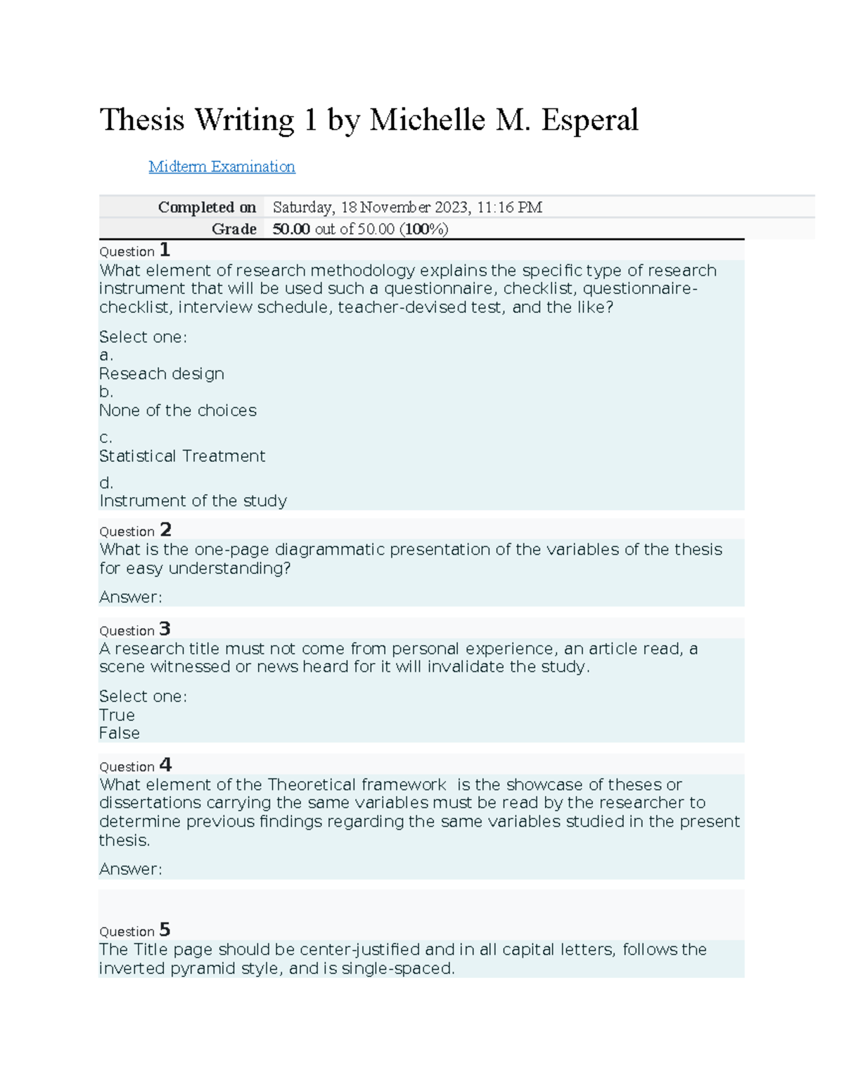 Thesis Writing 1 Midterm Exam Review: Key Concepts & Questions - Studocu