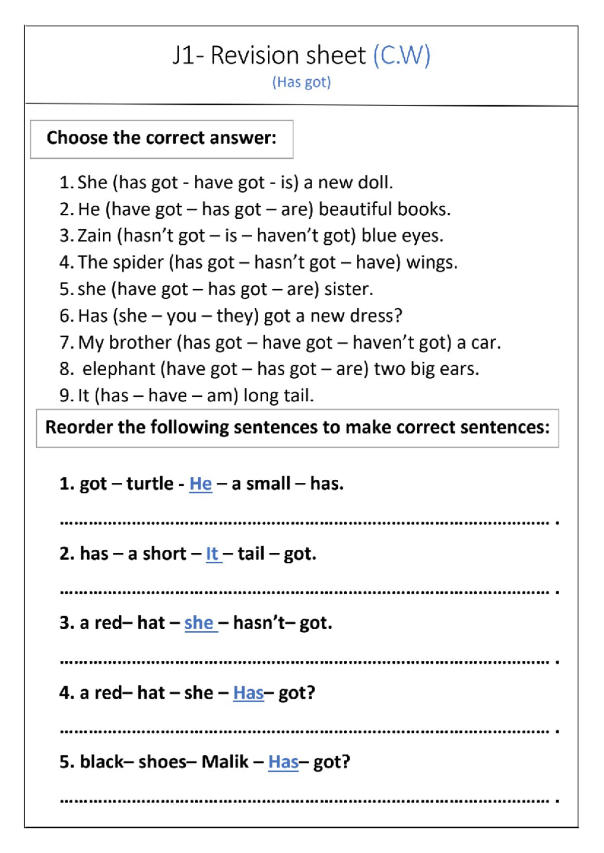 General Revision J1: Has Got & Sentence Structure Practice - Studocu
