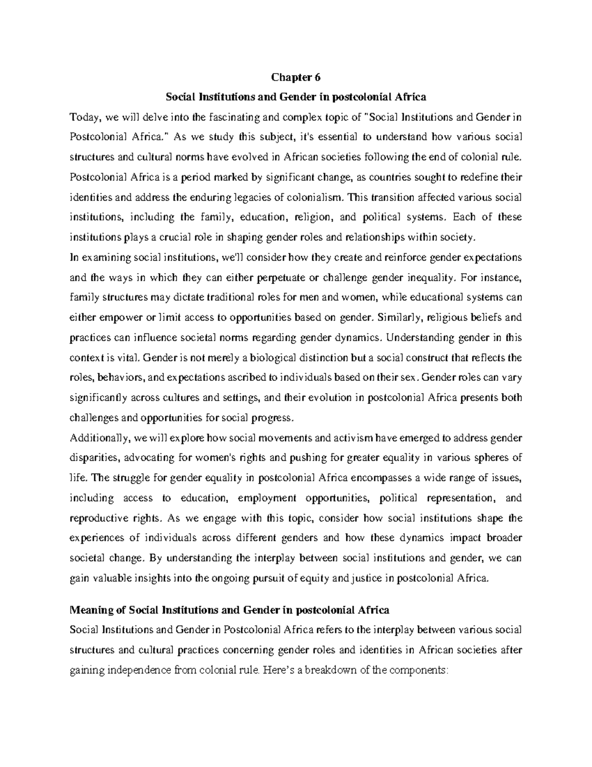 AHT 2221 Chapter 6: Social Institutions & Gender in Postcolonial Africa ...