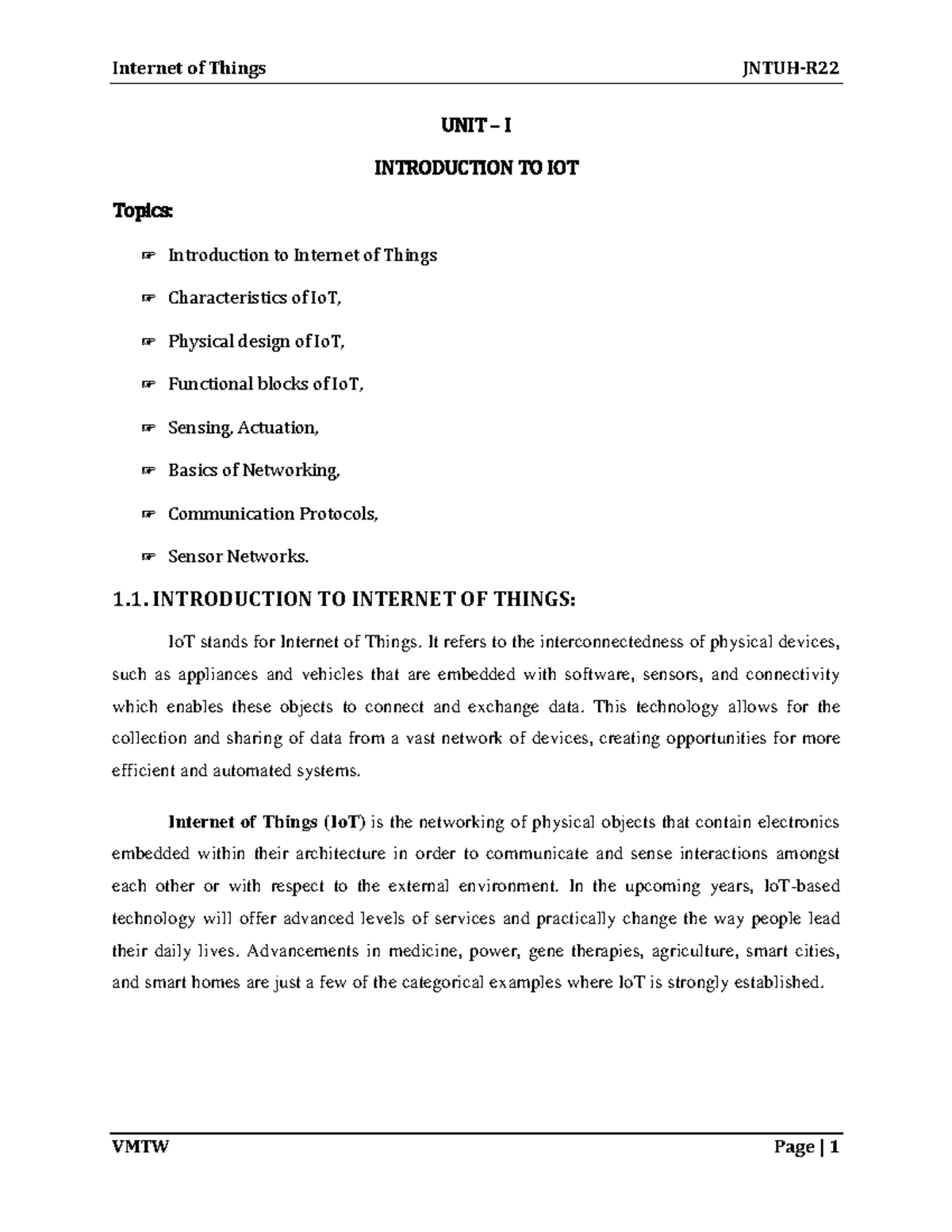 IOT UNIT I: Introduction to Internet of Things and Key Concepts - Studocu