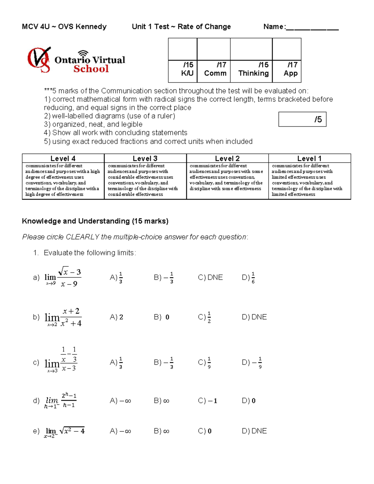 MCV4U OVS Unit 1 Test - Rate of Change Assessment - Studocu