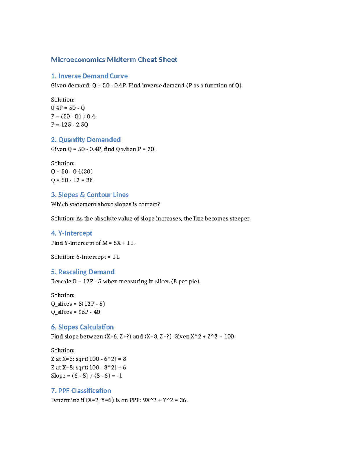 Microeconomics Cheat Sheet Complete - Microeconomics Midterm Cheat Sheet 1. Inverse Demand Curve ...