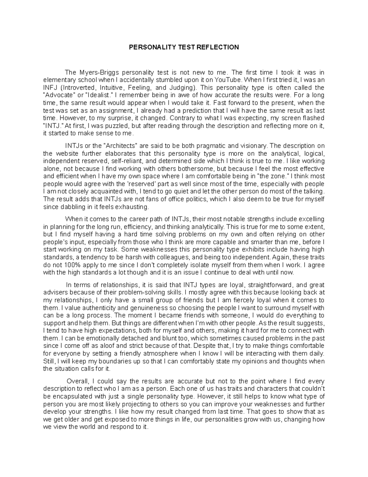 Personality TEST Reflection - PERSONALITY TEST REFLECTION The Myers ...