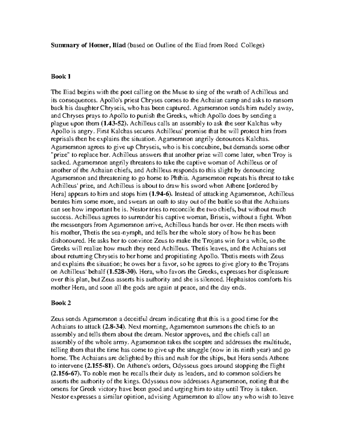 Homer, Iliad (Chapters 1-12 Summary and Analysis) - Studocu
