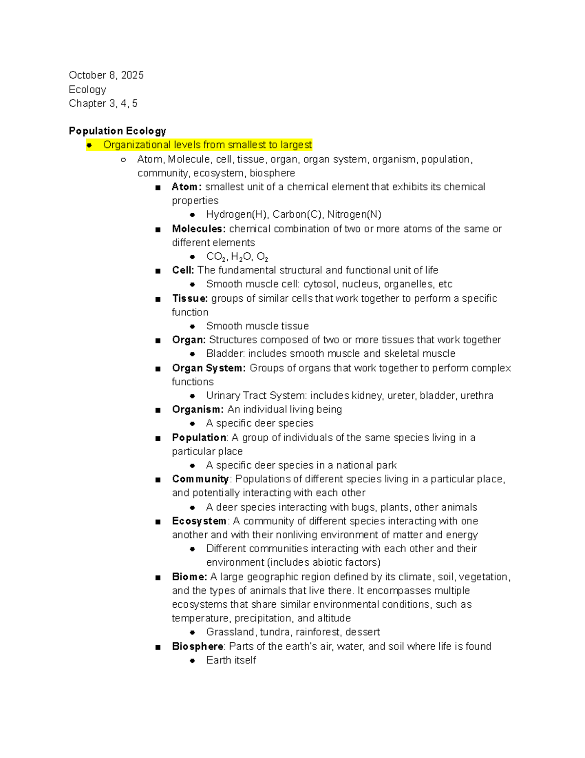Ecology Lecture Notes: Population Dynamics & Nutrient Cycles (BIO 101 ...