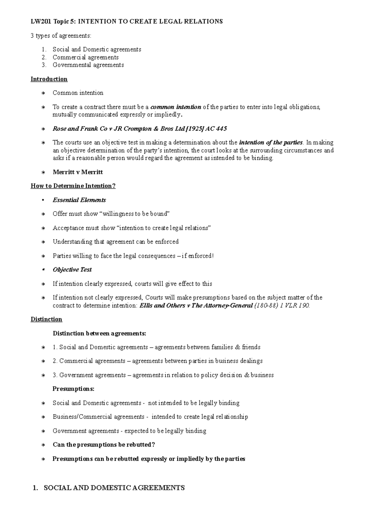 LW201 Topic 5 - Legal Relations: Agreement Types & Intentions Summary ...