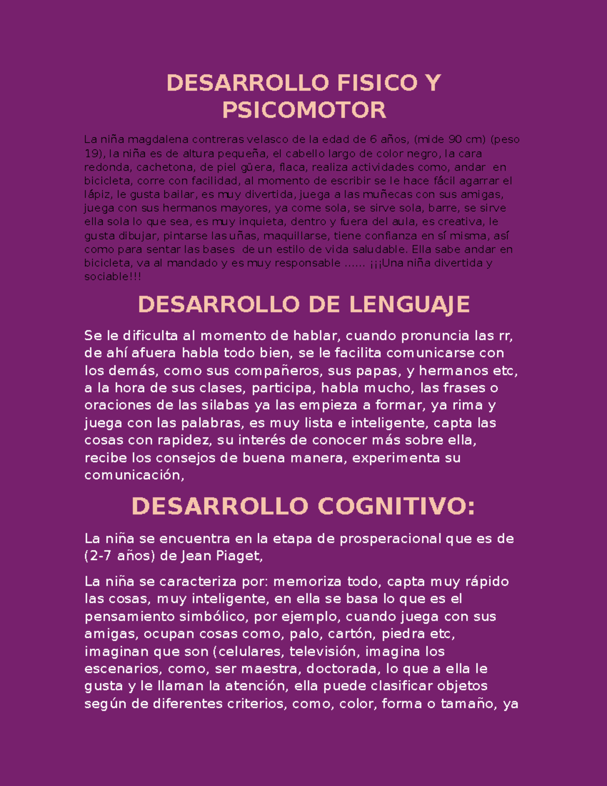 Desarrollo Físico y Psicomotor de Niña de 6 Años: Análisis Integral - Studocu
