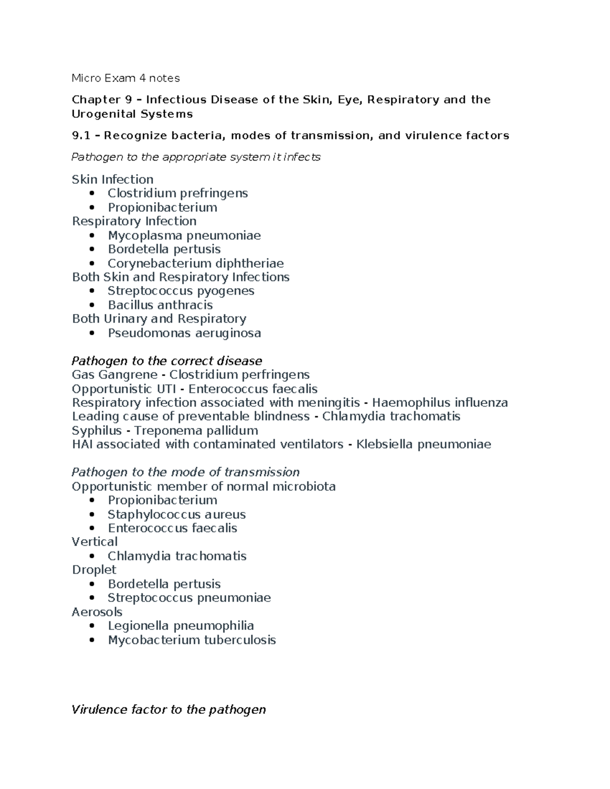 Micro Exam 4 Study Notes: Infectious Diseases & Pathogen Virulence ...