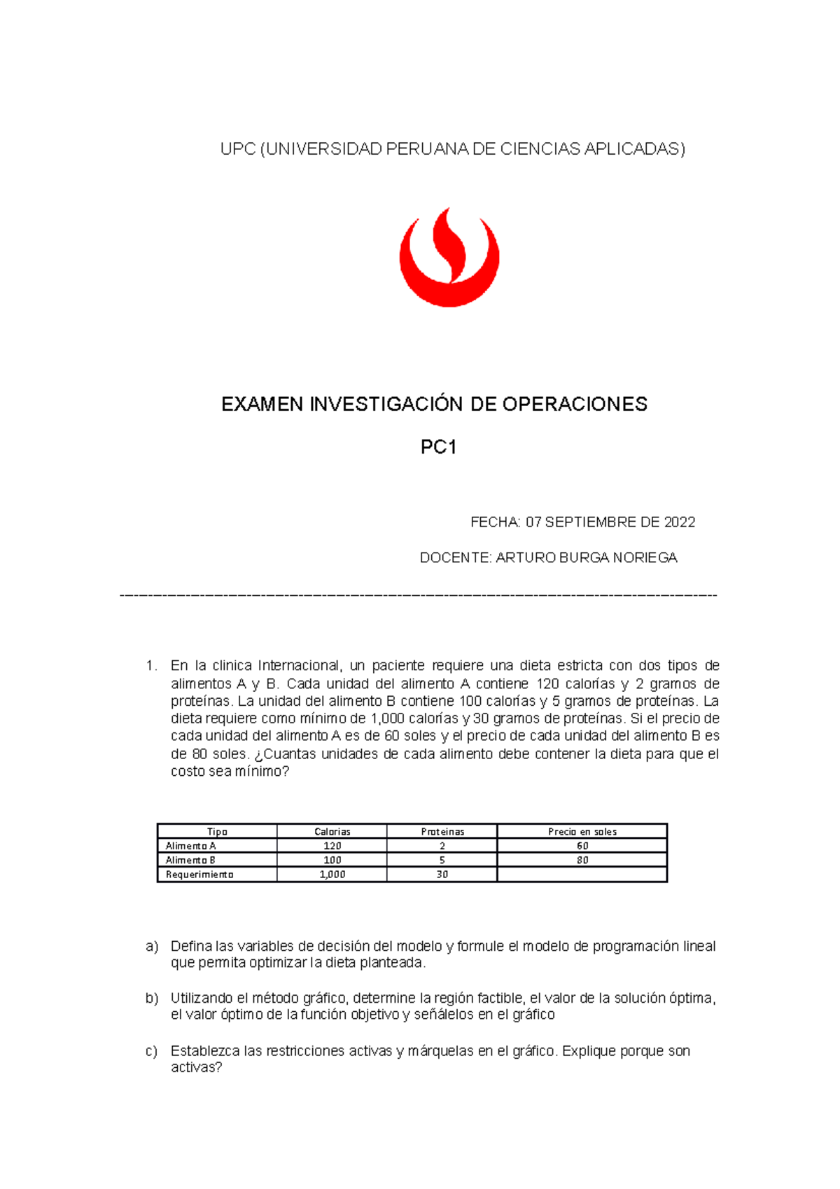 UPC - PC1 2023-1 - Examen de Investigación de Operaciones - Studocu