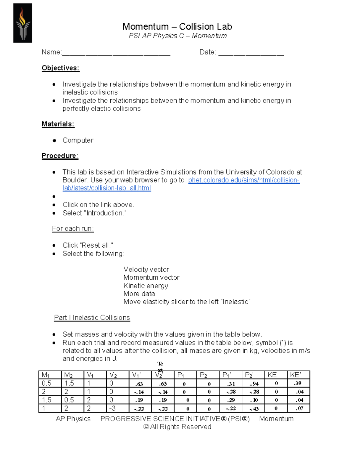 Momentum Collision Lab PSI AP Physics C: Inelastic & Elastic Analysis ...