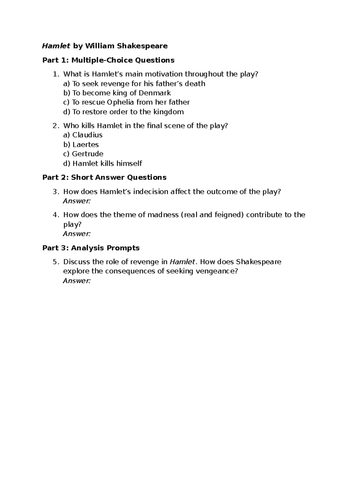 Hamlet (ENG 101) Study Guide: Key Questions & Analysis Prompts - Studocu