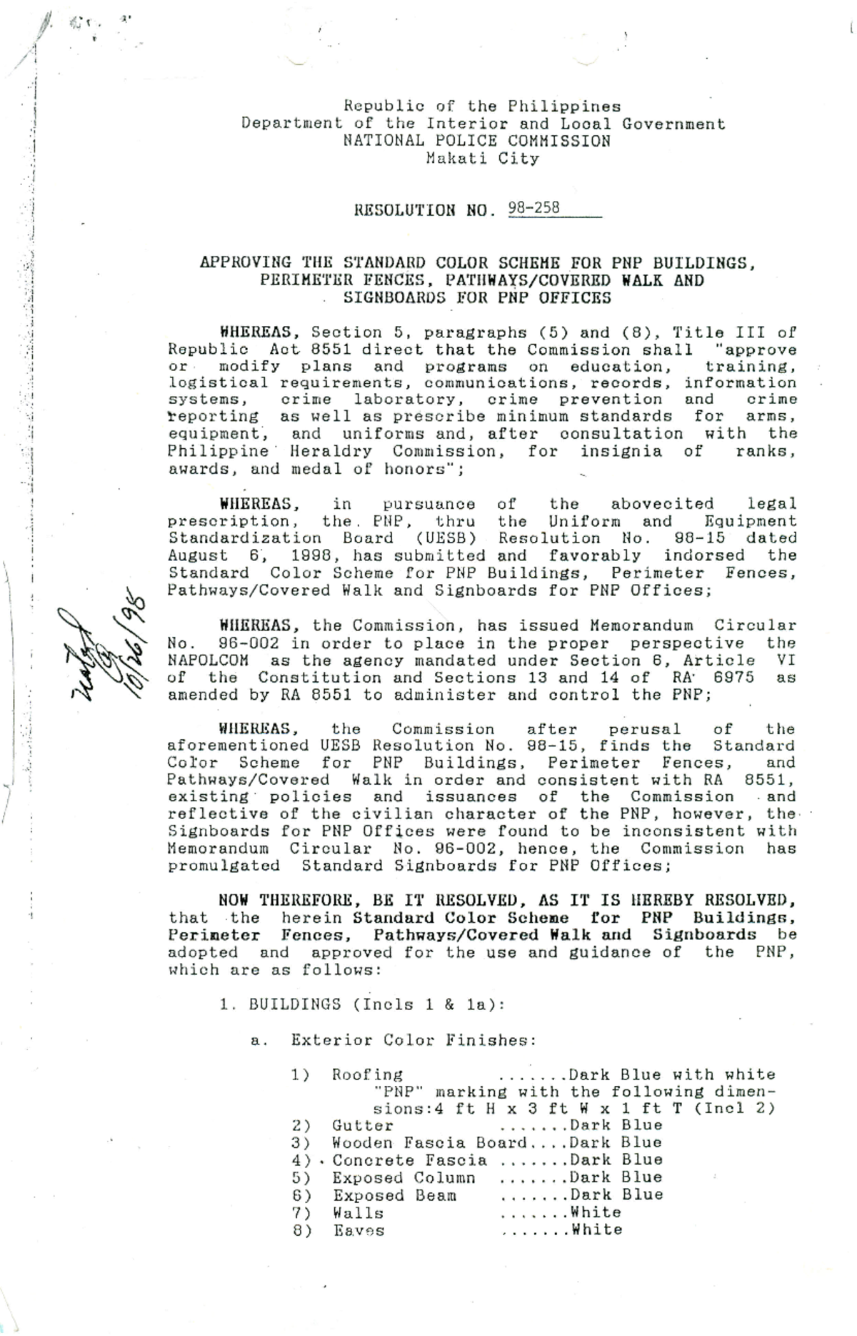 Standard Color Scheme for PNP Buildings & Fences (Resolution No. 1998 ...