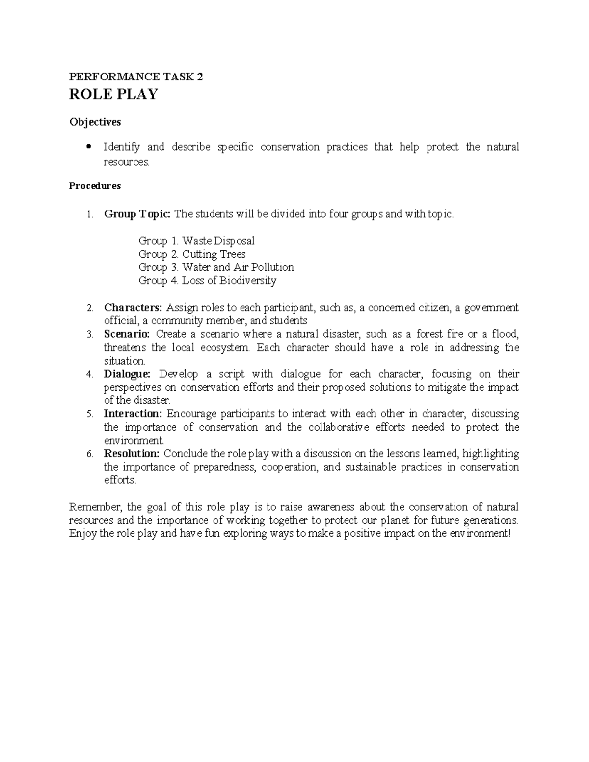 Performance TASK 2 Natural Resources - PERFORMANCE TASK 2 ROLE PLAY ...